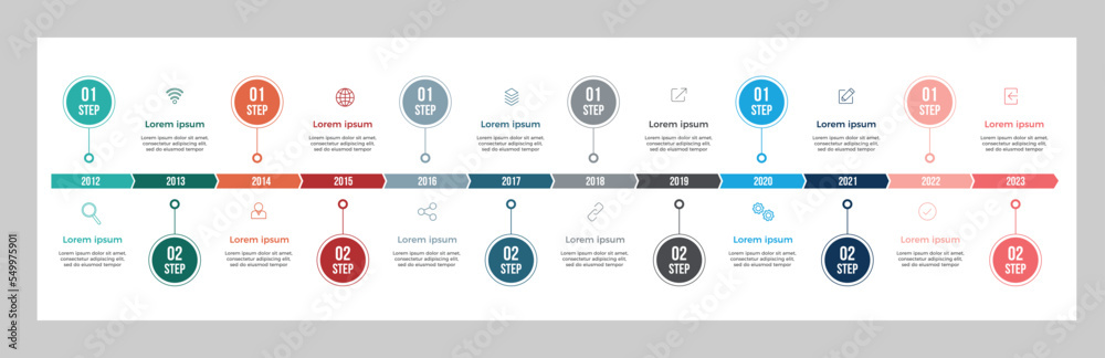 Timeline infographic rounded template with 12 options. Colorful diagram ...