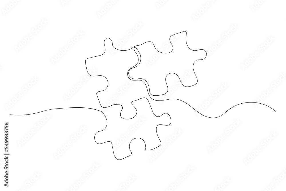 Continuous one line drawing of jigsaws on white background. Puzzle game ...