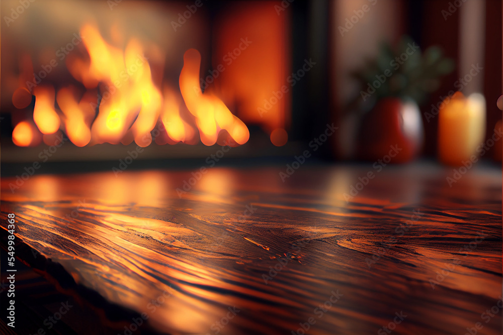 elegant wooden floor with warm fire burning in the background, cozy ...