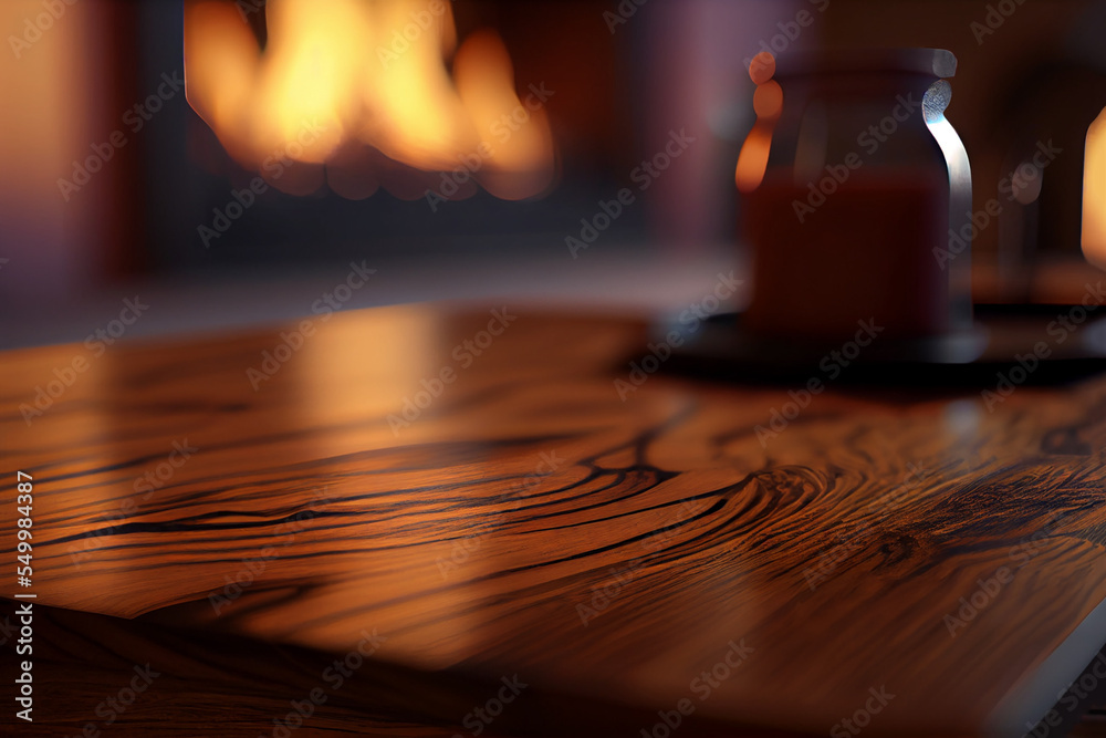 elegant wooden floor with warm fire burning in the background, cozy ...