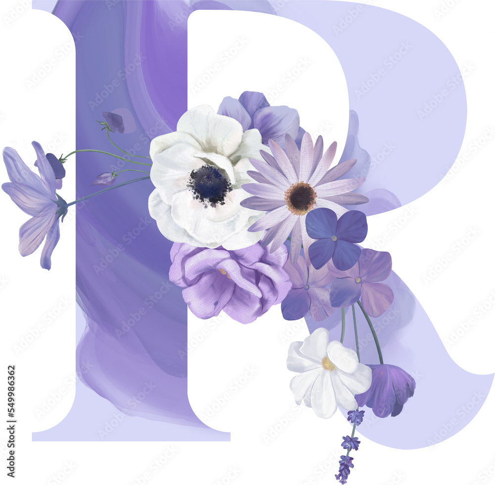 Alphabet, purple floral letter with watercolor painting, flowers, roses ...