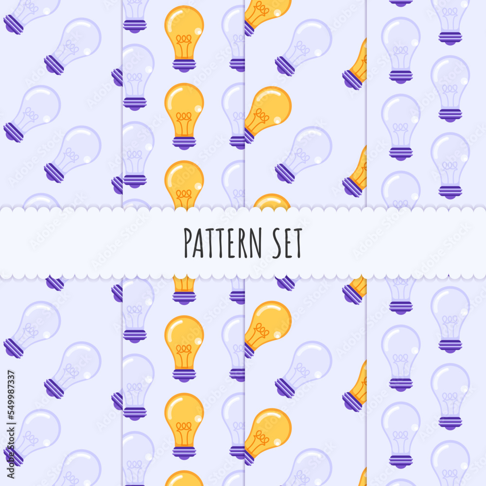 Pattern set. Seamless pattern with bulb lamp icons on purple background ...