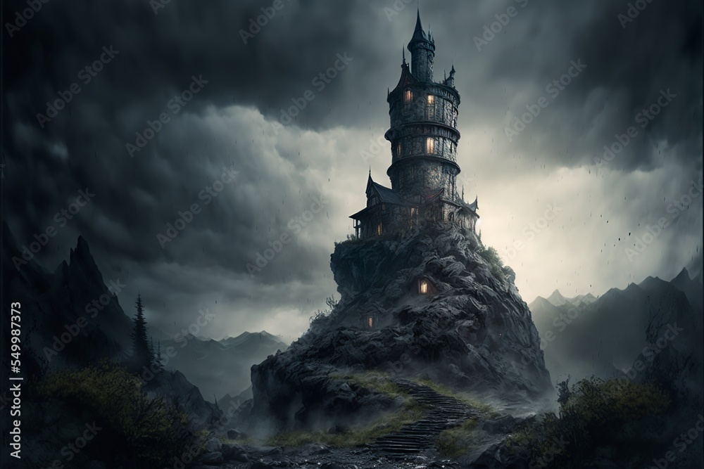 Dark fantasy horroristic gothic castle on a hilltop landscape illustration Stock Illustration ...