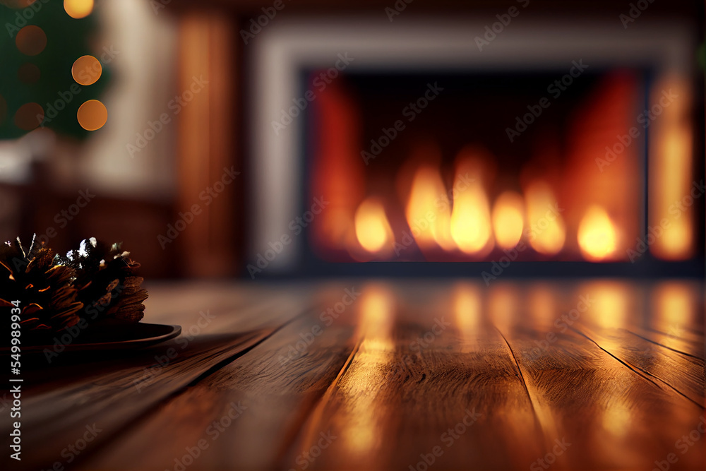 elegant wooden floor or table with warm fire burning in the background ...