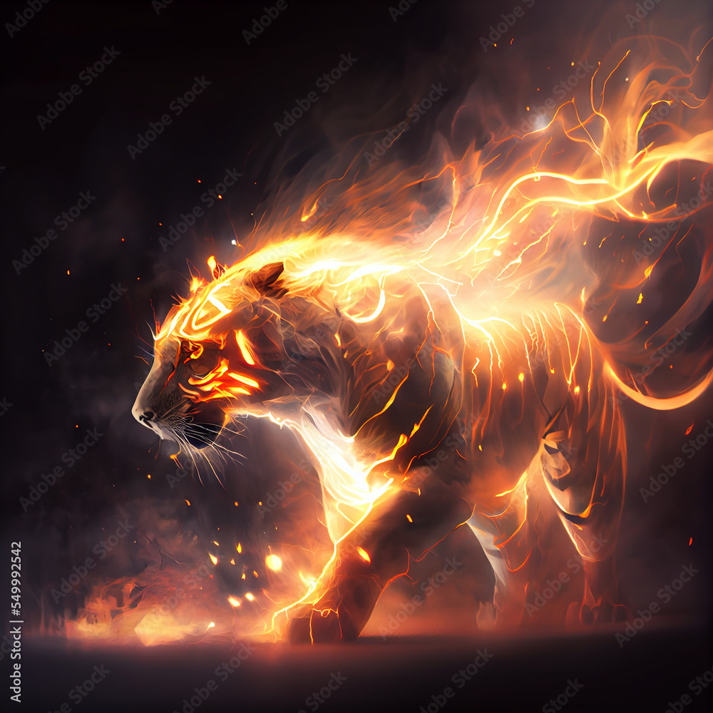 A golden tiger, golden fire, long tail, lightning, light effect, ultra ...