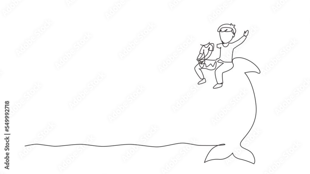 Self drawing animation of single line draw boy, girl riding dolphin ...