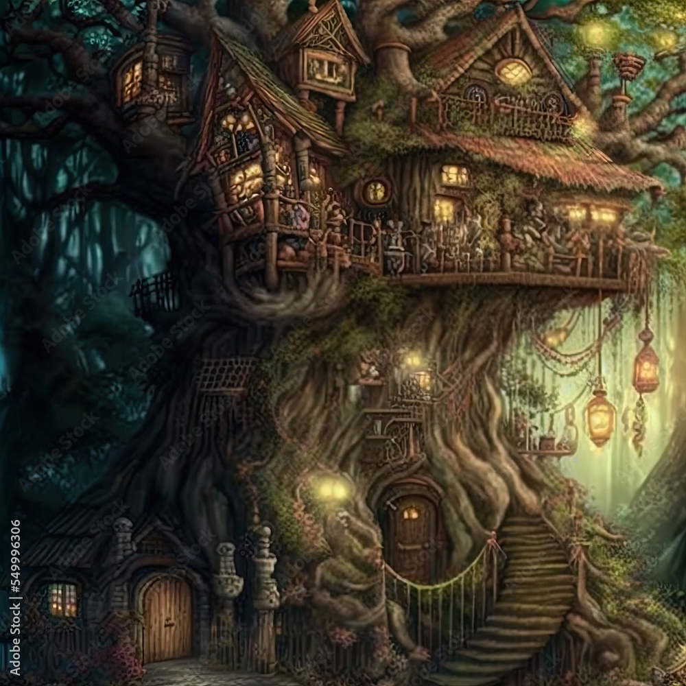 Fantasy treehouse. Dwelling of magical creatures like elves, gnomes ...
