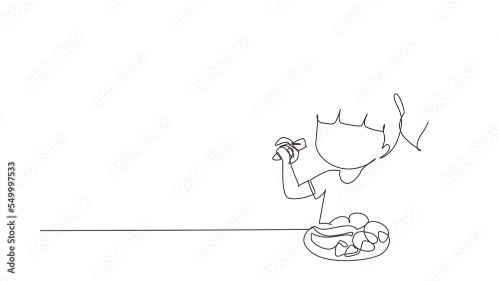 Animated self drawing of continuous line draw girl eating fruit ...