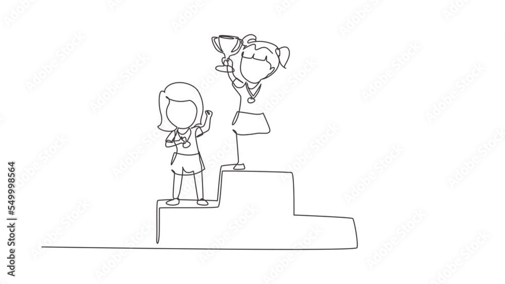 Animated self drawing of continuous line draw cute girl standing on ...