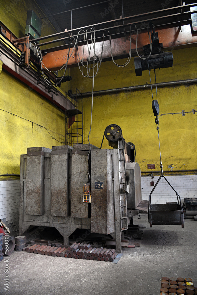 Interior of a metal foundry. Layout of a foundry with steel furnaces ...