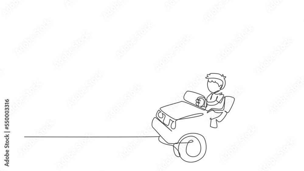 Self drawing animation of single line draw boy driving car, happy cute ...