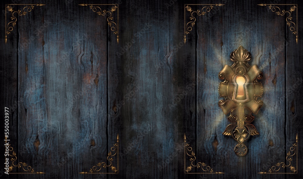 Book cover template with magical door lock on wooden background ...