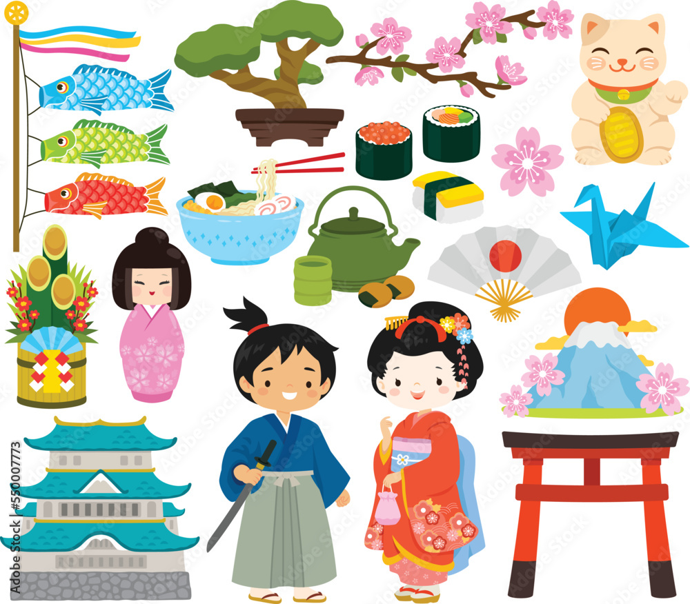 Vetor de Japan clipart set. Japanese icons, people, food and ...