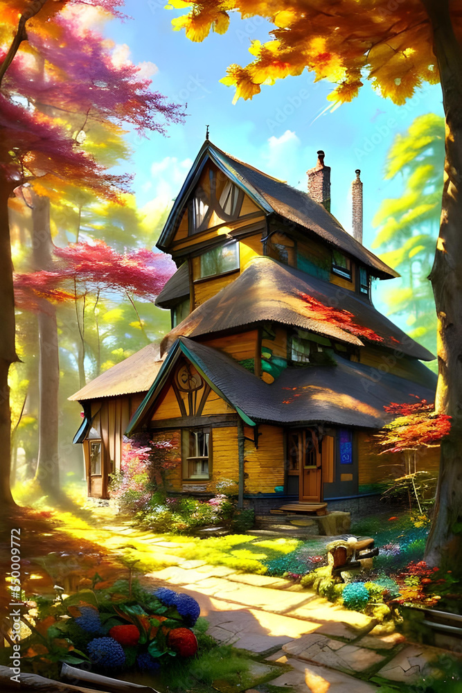 an old, enchanted and overgrown wooden house / mansion with elaborate ...