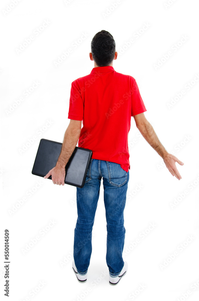Back view of confused man who is standing with a laptop. Rear view ...