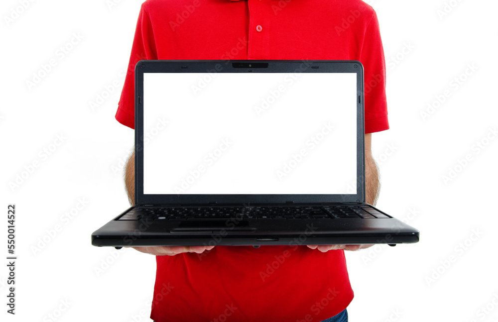 Man showing blank laptop computer screen, isolated on white background ...