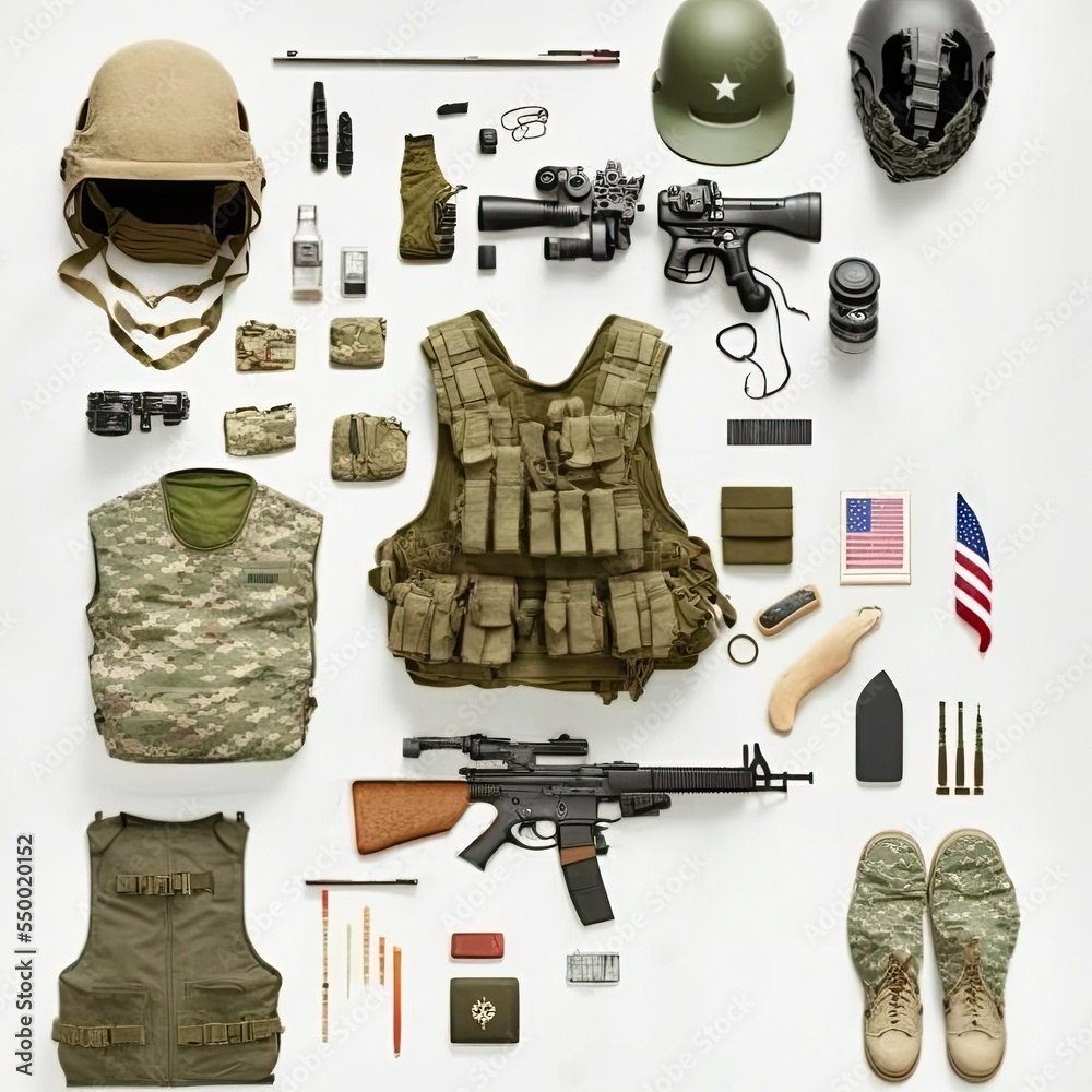 knolling flat-lay picture of American soldier gear with uniform and ...