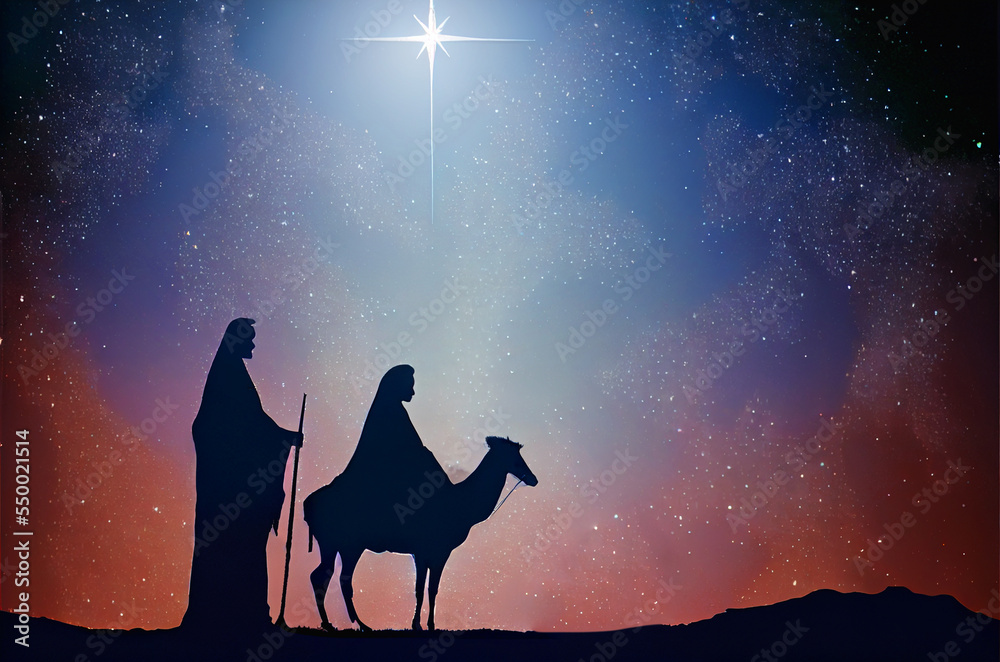 illustration Christmas nativity neon scene of born child baby Jesus ...