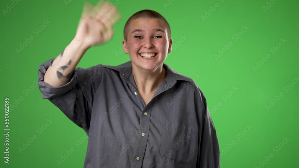 Portrait of happy gender fluid non binary young woman 20s smiling ...