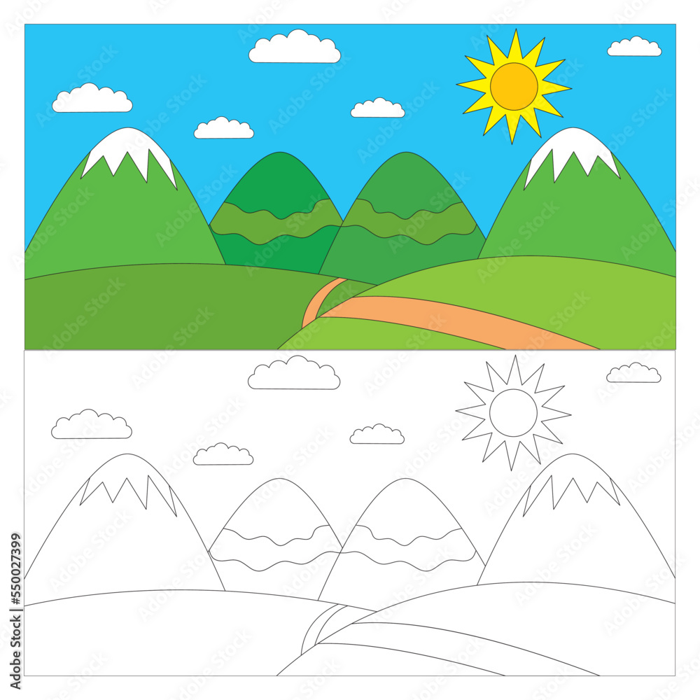 Kids coloring page in vector. Landscape with mountains coloring page ...