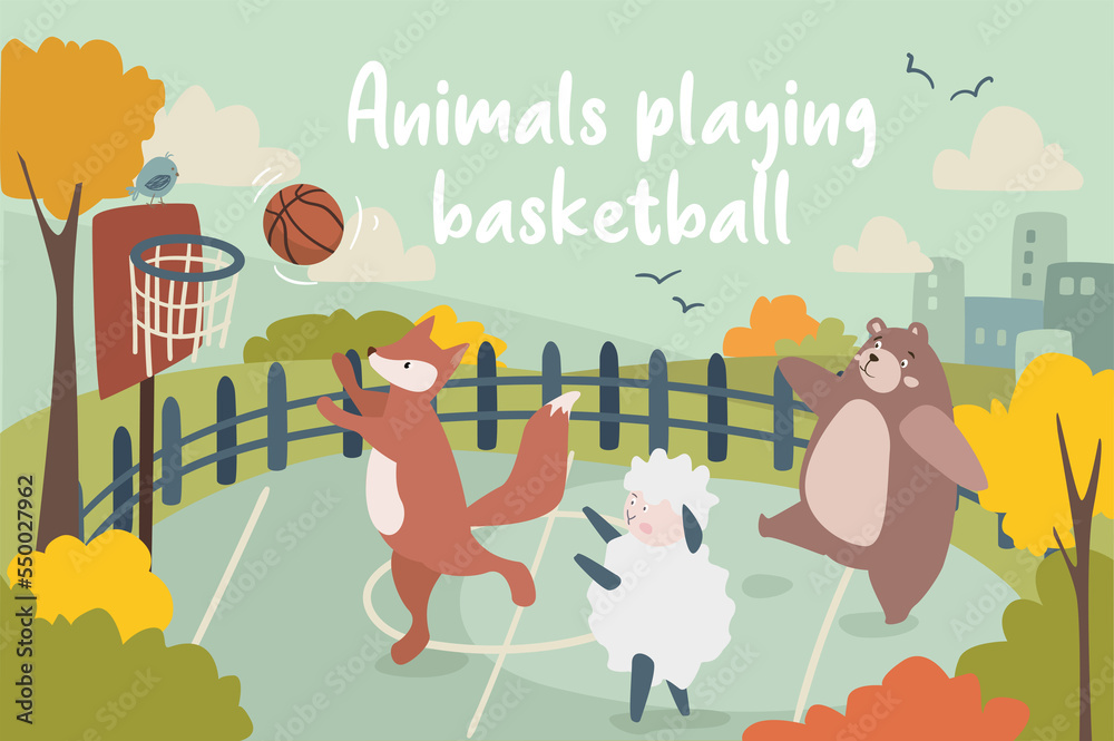 Animals playing basketball concept background. Fox, bear and sheep are ...