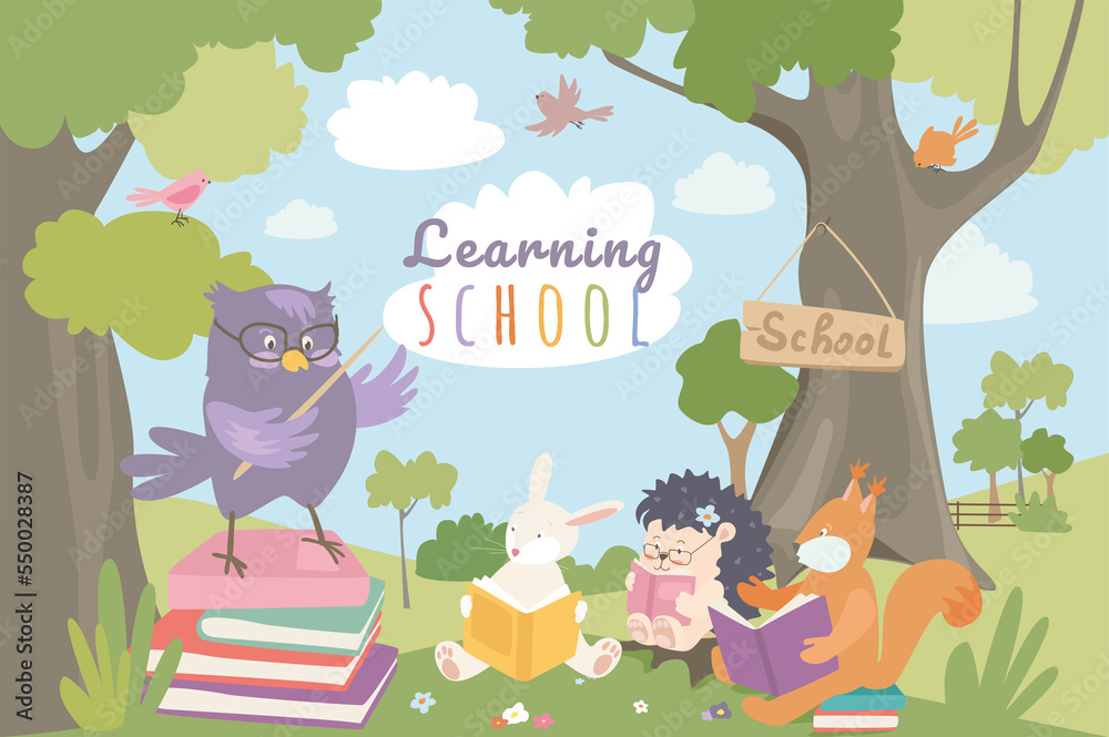 Learning school concept background. Cute animals studying in forest ...