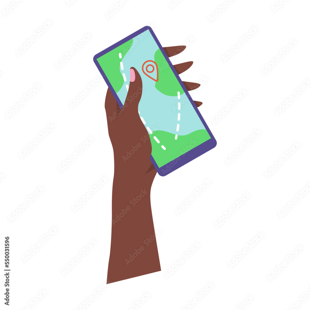 Hand holding smartphone and ploting route using GPS. Cartoon vector ... Hand holding smartphone and ploting route using GPS. Cartoon vector ...
