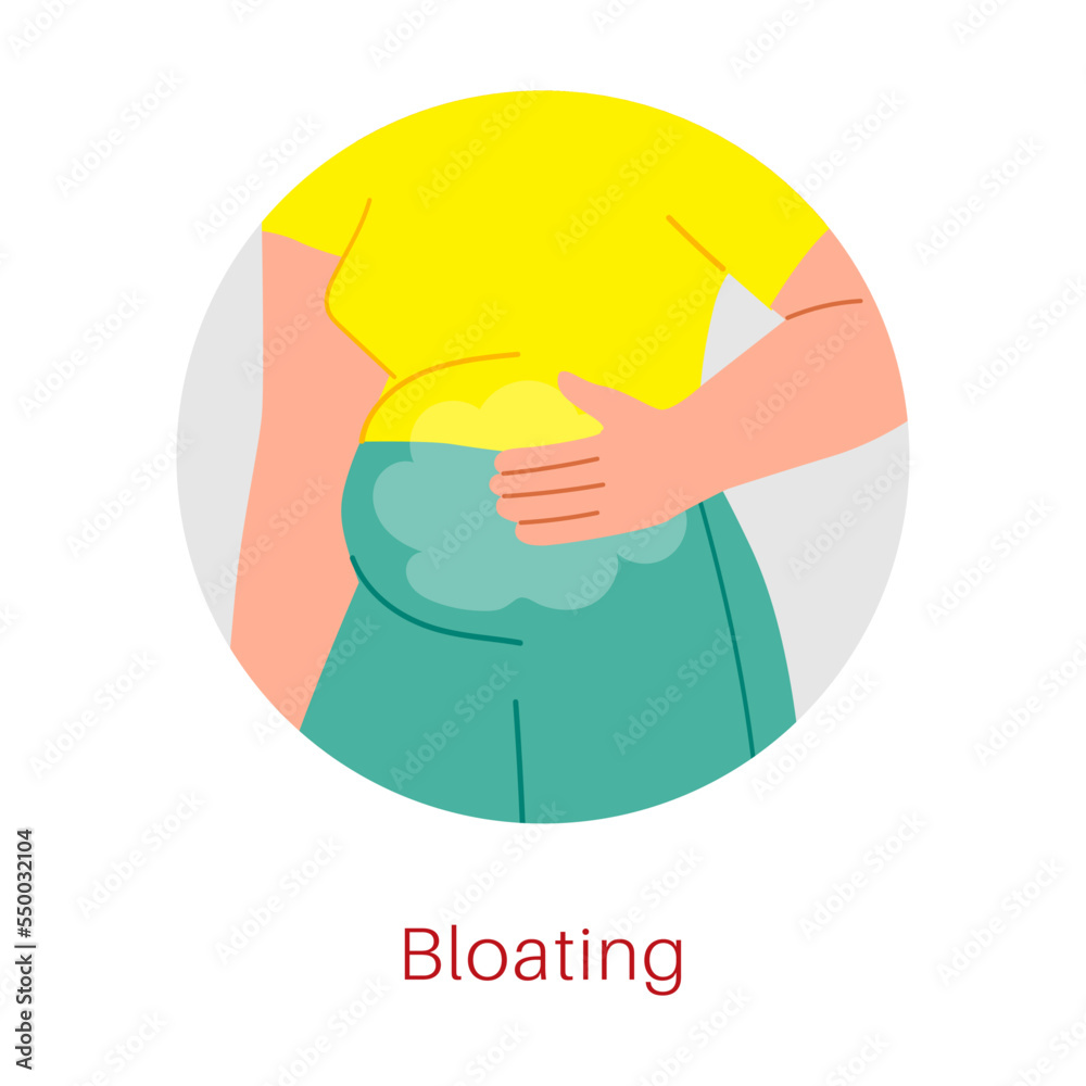 Woman with bloating symptom of gastritis vector illustration. Info graphic of digestive system ...