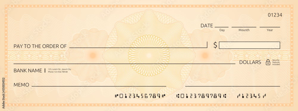 Blank bank check, checkbook cheque template with guilloche. Business ...