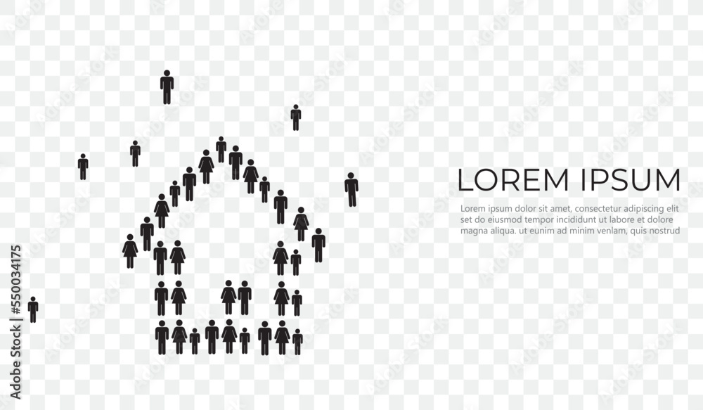 people crowd gathering in home icon shape social media community house ...