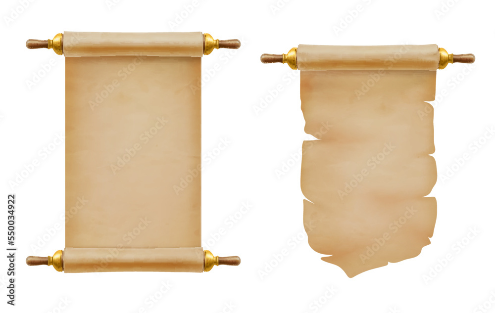 Old parchment paper roll and scroll. Vector manuscript, medieval vintage map or banner. Papyrus ...