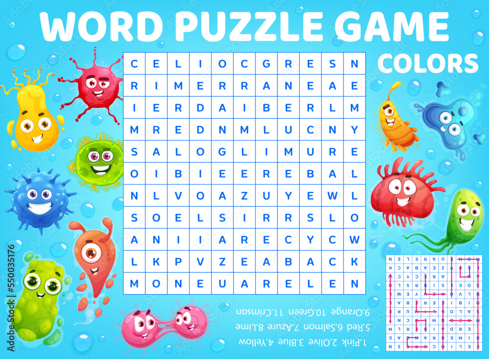 Cartoon viruses, microbes and germs, word search puzzle game worksheet ...