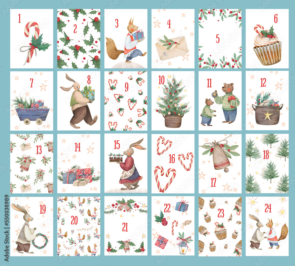 Christmas advent calendar with watercolor illustration. Set of cute ...