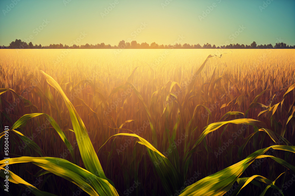 The agricultural land of a green corn farm with a perfect sky in Europe ...