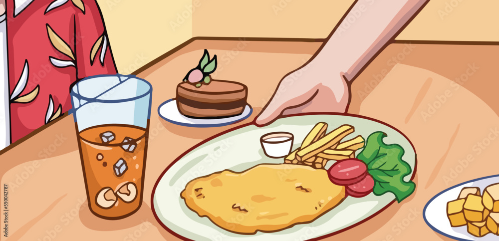 Waiter hand serving foods at the restaurant vector illustration ...