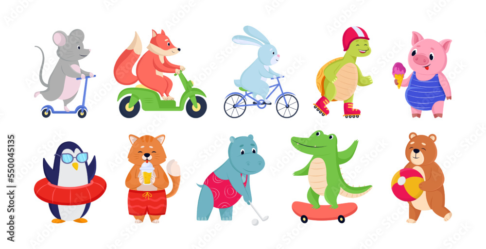 Comic animals doing summer activities vector illustrations set ...