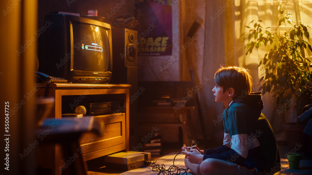 Nostalgic Childhood Concept: Young Boy Playing an Old-School Arcade ...