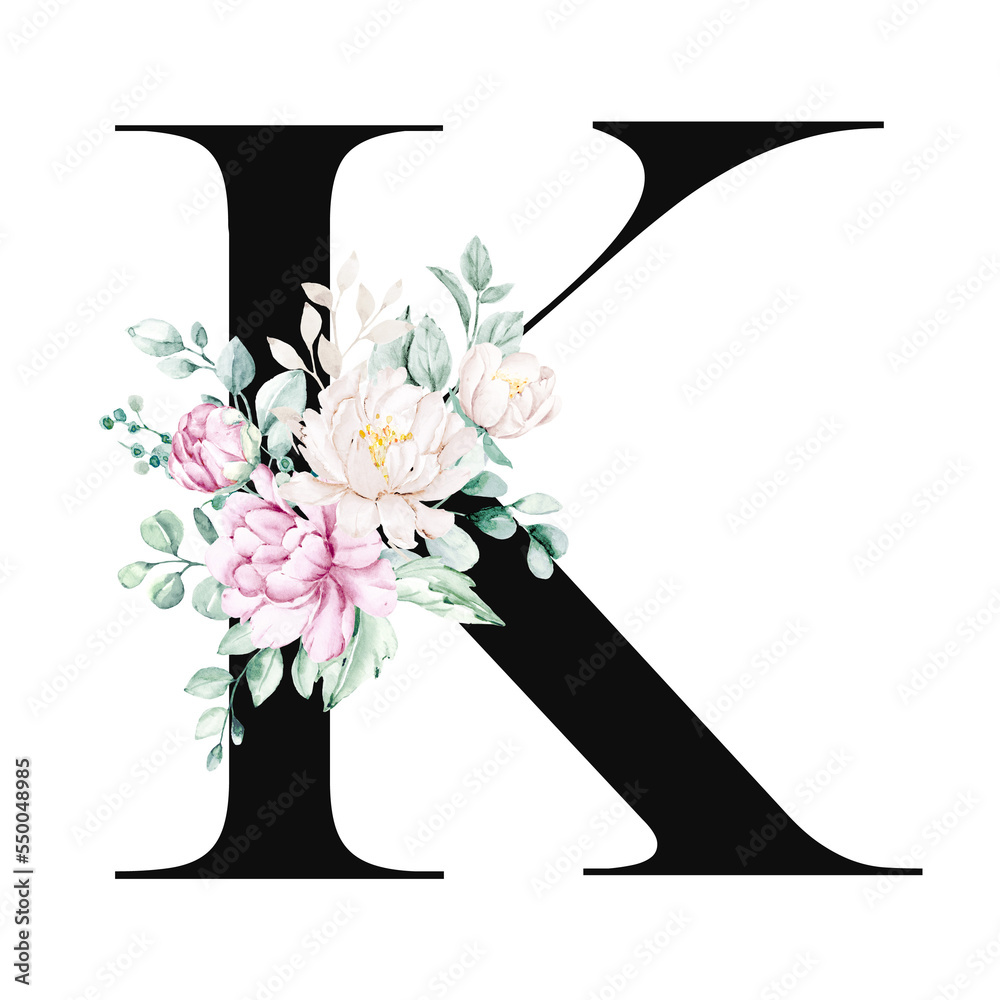 Floral alphabet, letter K with watercolor flowers and leaf. Monogram ...