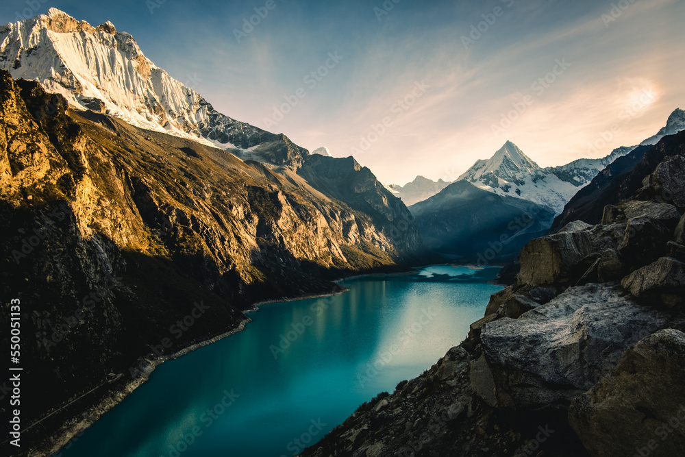 epic sunrise at Laguna Paron Turquoise Water Peruvian Andes Lake ...