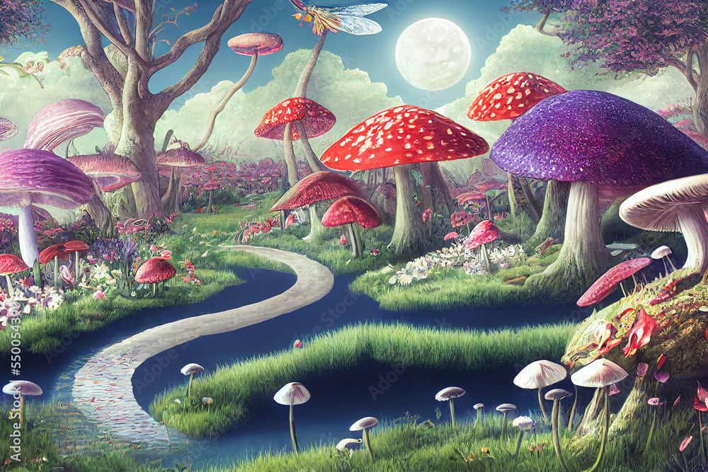fantastic wonderland landscape with mushrooms, lilies flowers, morpho ...