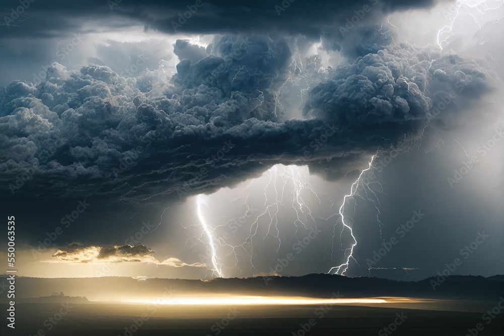 dark storm cloud and lightning over fields with the sun peeking through ...