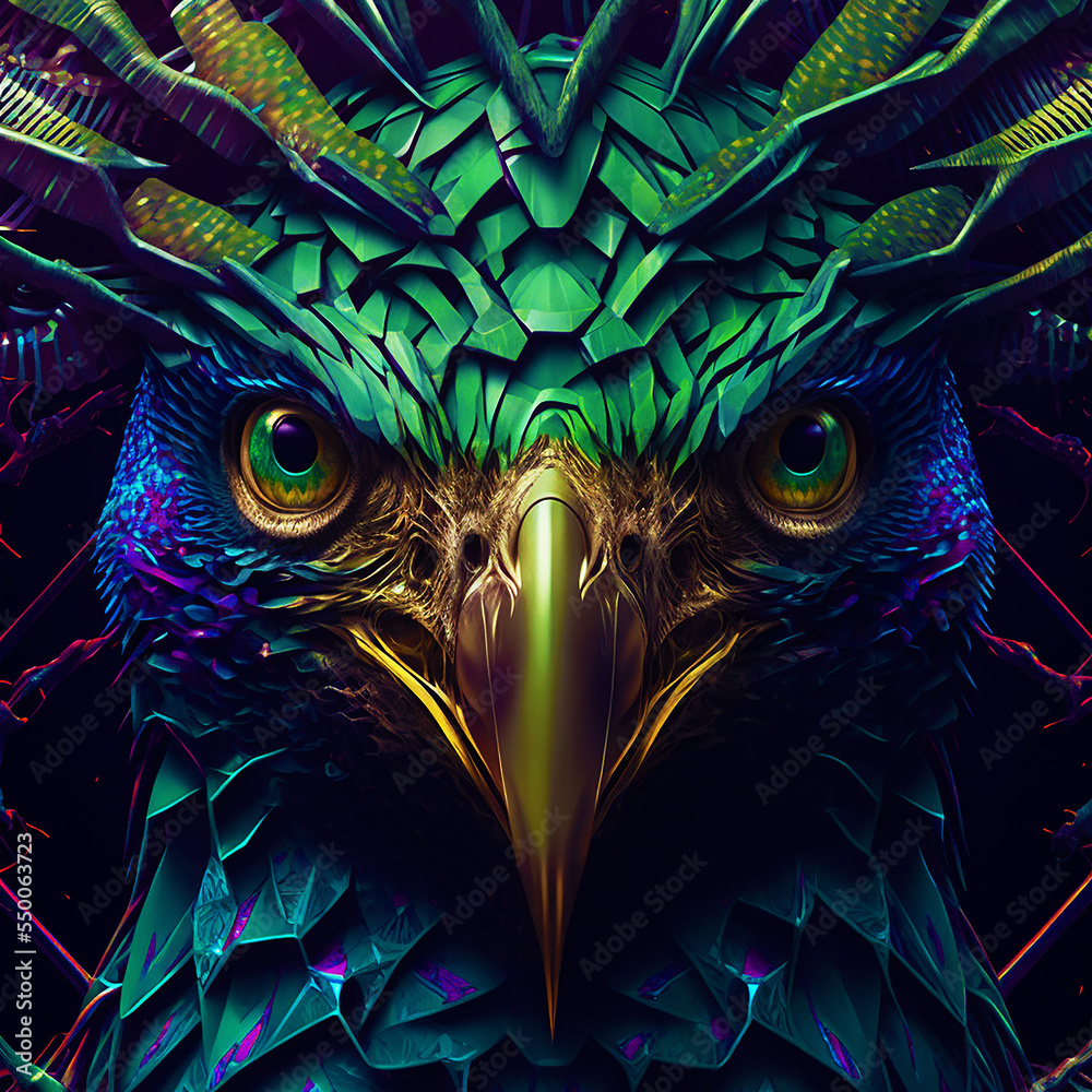 3D composite illustration of Stylized Bird. Peacock. 3D rendering. Semi ...
