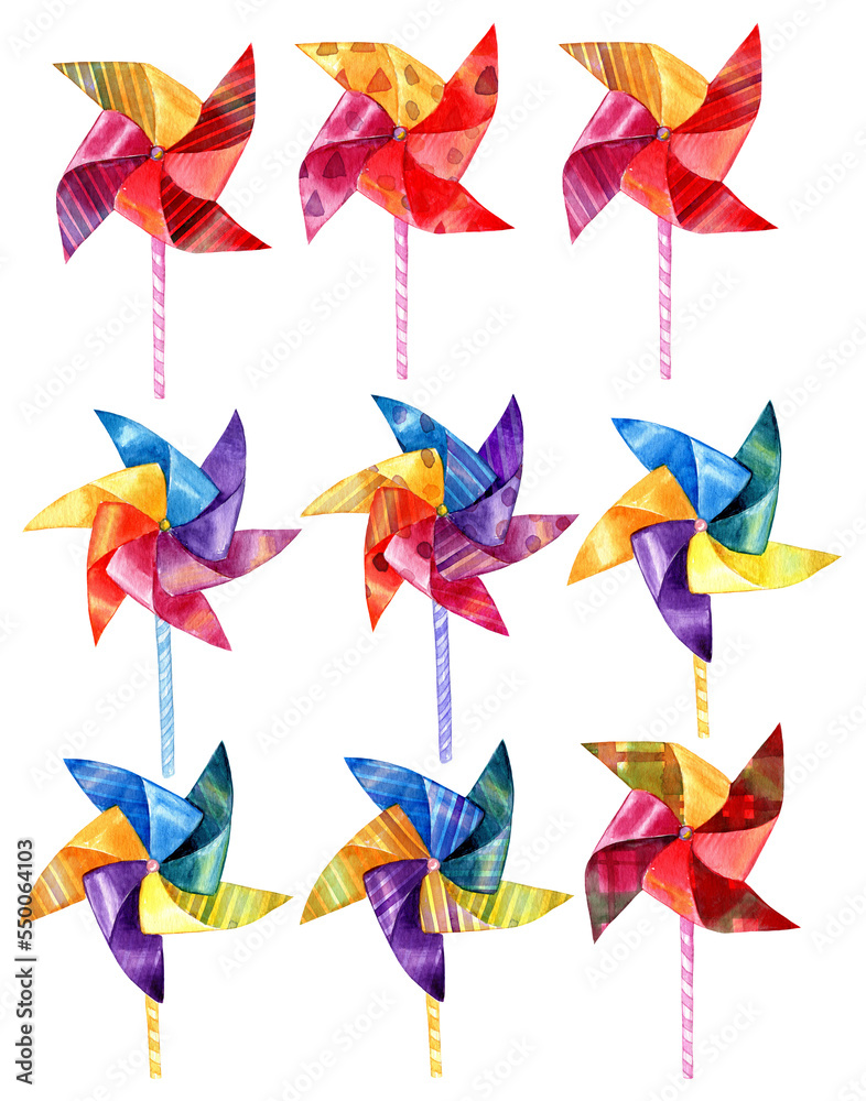 Set of colorful pinwheels, watercolor illustration, 600 dpi PNG graphic ...