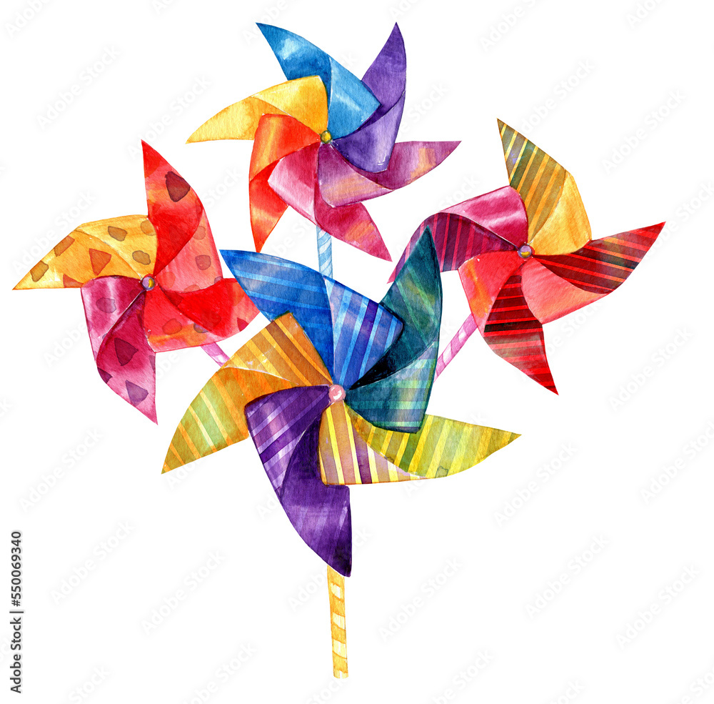 Watercolor pinwheel illustration, pinwheel arrangement, group of ...