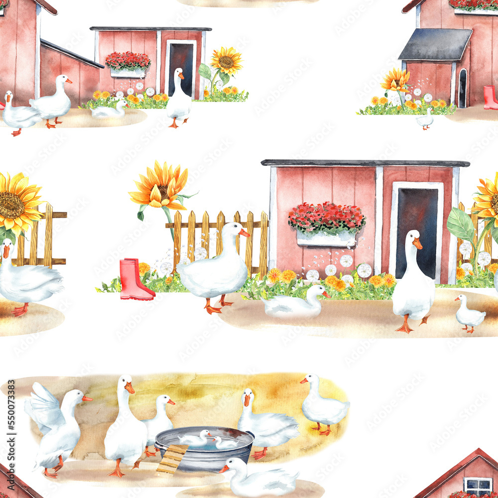 Duck village, pekin ducks seamless patterns. Animals farm, zoo. Cute ...