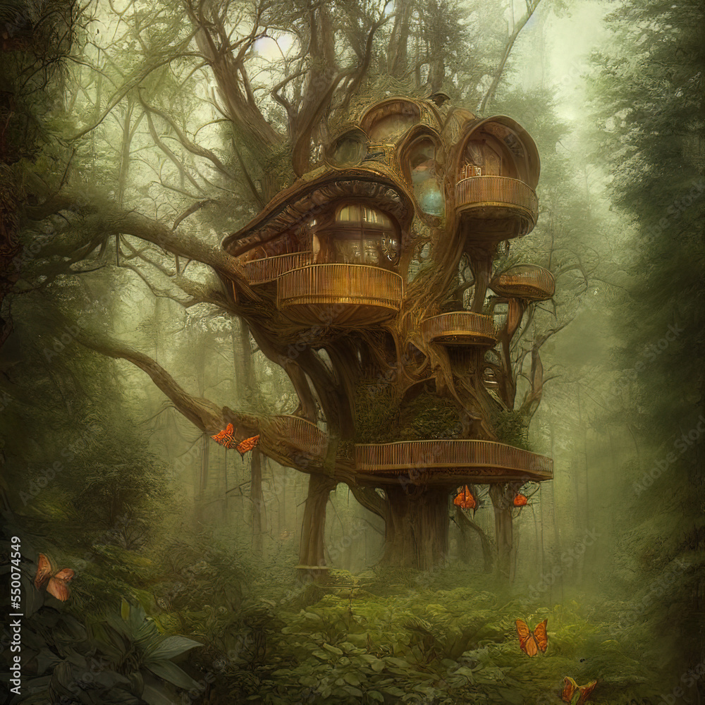 magical treehouse in a forest mysterious background. Stock Illustration ...