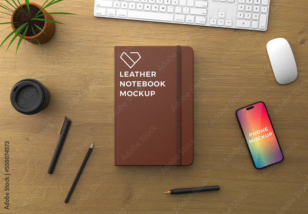Notebook on Wood Table Mockup Stock Template | Adobe Stock