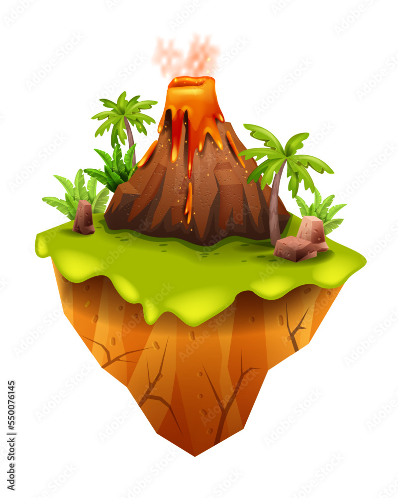 Volcano game island, vector active lava eruption clipart, exotic ...