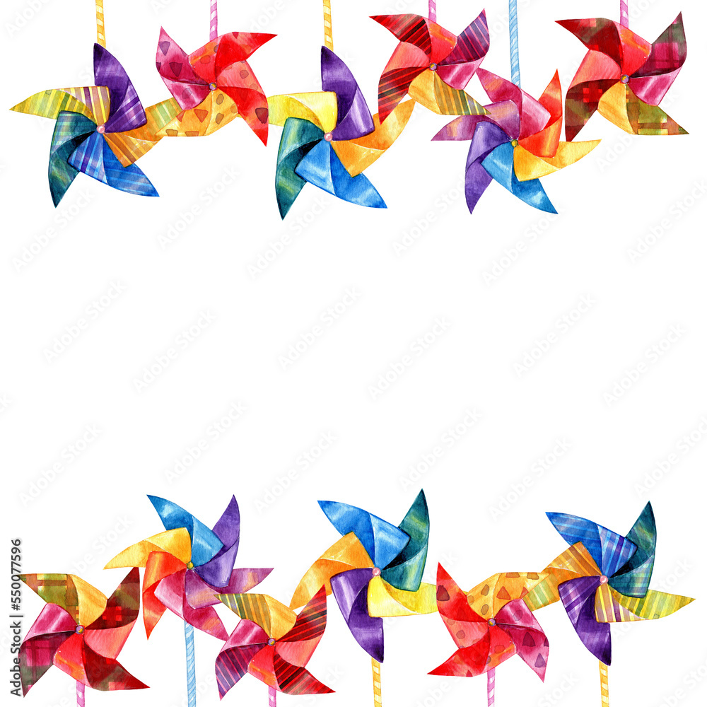 Colorful watercolor pinwheels border, birthday party invitations ...