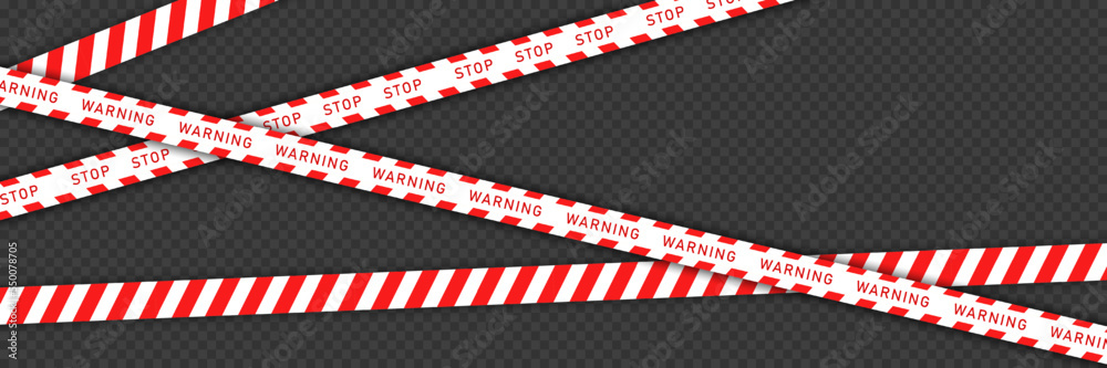 Red barricade tape with white diagonal stripes and text "STOP" and ...